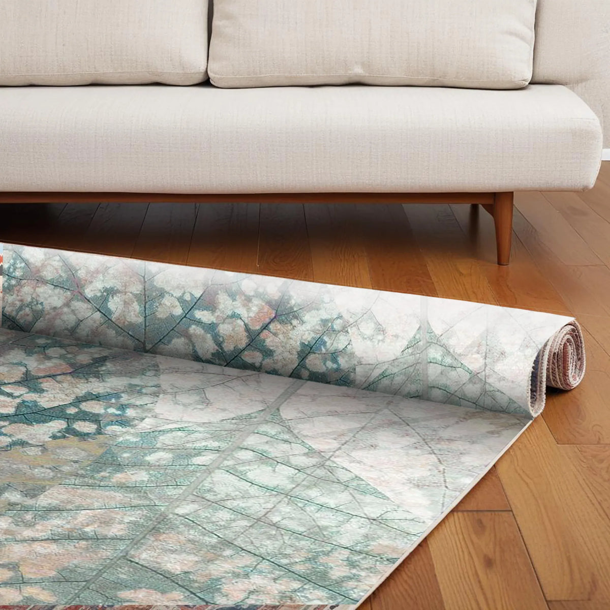 Textured Digital Print Rug Featuring Overlapping Leaf Designs
